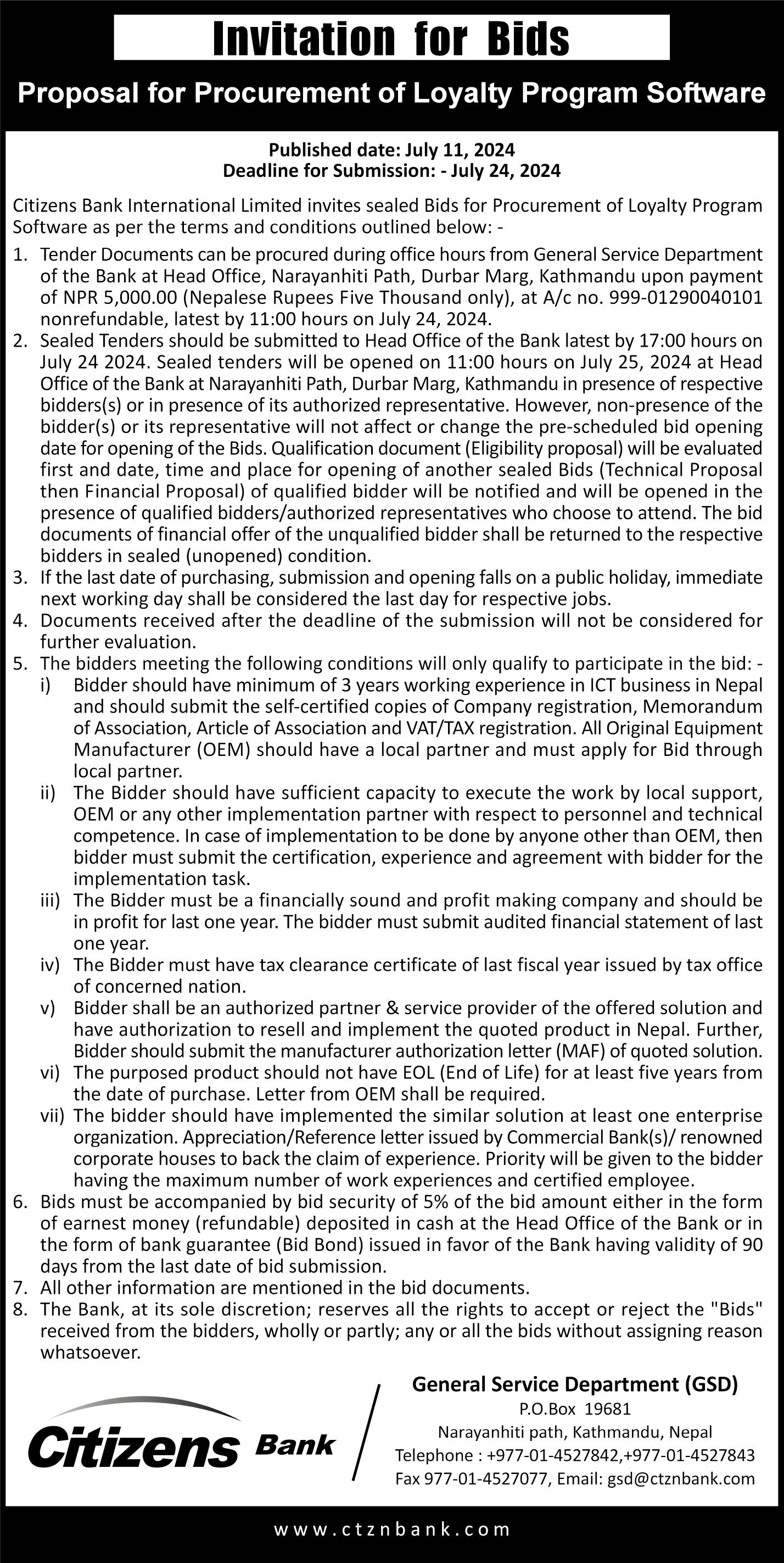 Invitation for Bids (Procurement of Loyalty Program Software)